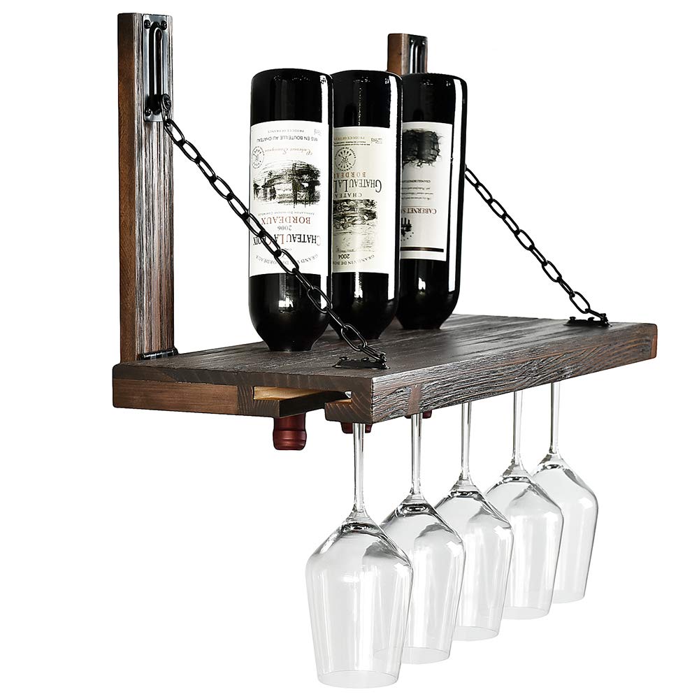 WELLAND Wall Mounted Wine Rack with Glass Holder, Floating Wine Shelf & Glass Rack Set for Home & Kitchen Decor, Rustic