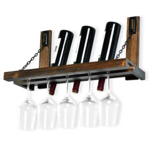 WELLAND Wall Mounted Wine Rack with Glass Holder, Floating Wine Shelf & Glass Rack Set for Home & Kitchen Decor, Rustic