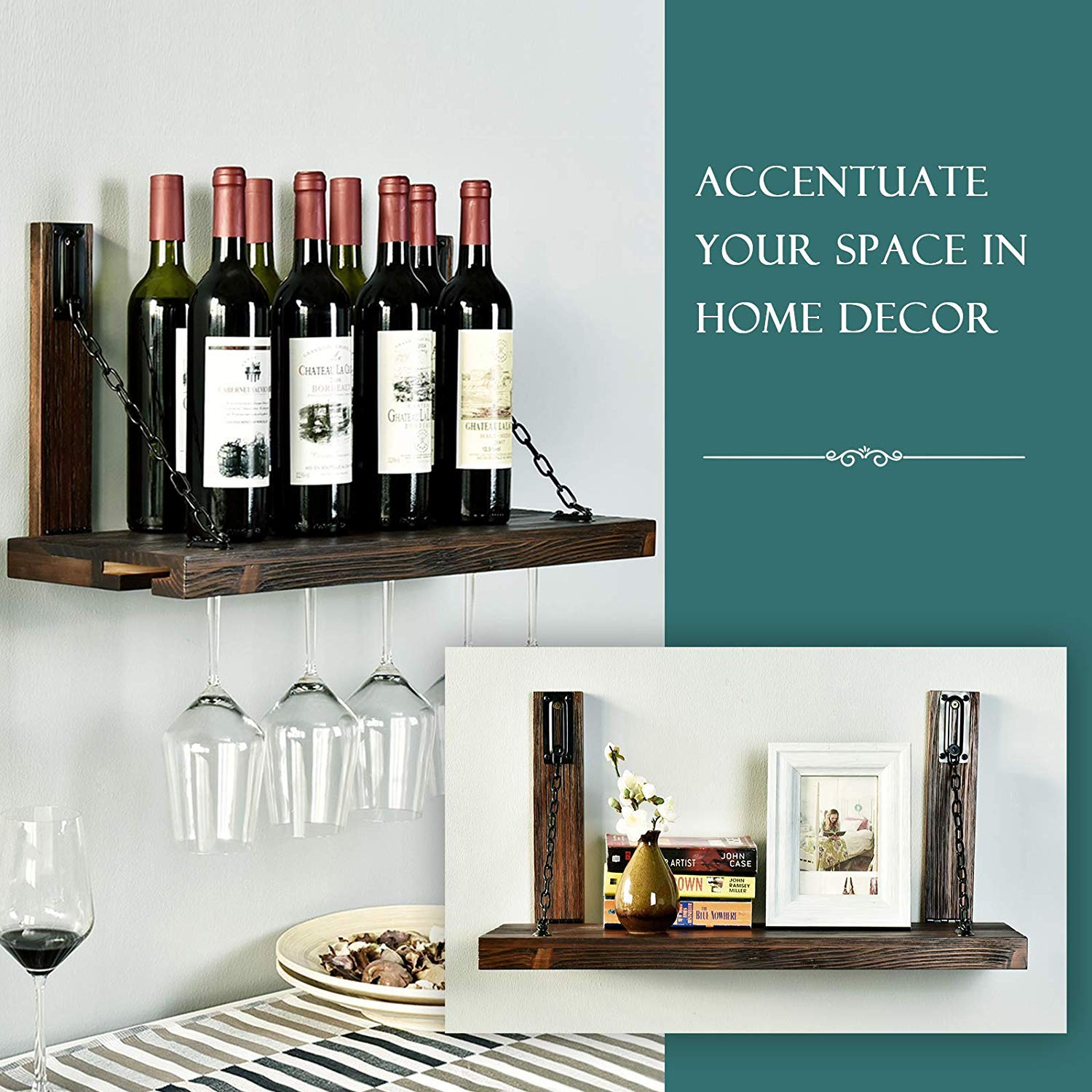 WELLAND Wall Mounted Wine Rack with Glass Holder, Floating Wine Shelf & Glass Rack Set for Home & Kitchen Decor, Rustic