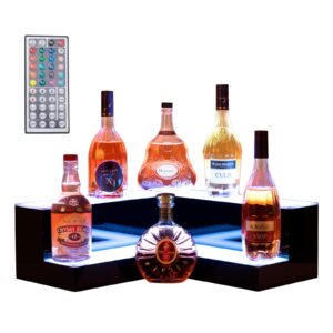 nurxiovo 20'' 2 step led liquor bottle display shelf lighted illuminated bottle shelf corner led display shelf diy mode with led color remote control for home bar l19-3/5xw19-3/5xh6-3/5''