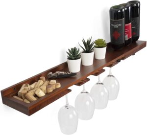 rustic state molise wall mount wood floating wine rack stemware holder glassware shelf cork storage organizer for 3 bottles and 4 glasses - home, kitchen, dining room bar décor - walnut