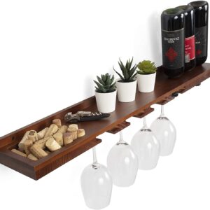 Rustic State Molise Wall Mount Wood Floating Wine Rack Stemware Holder Glassware Shelf Cork Storage Organizer for 3 Bottles and 4 Glasses - Home, Kitchen, Dining Room Bar Décor - Walnut