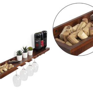 Rustic State Molise Wall Mount Wood Floating Wine Rack Stemware Holder Glassware Shelf Cork Storage Organizer for 3 Bottles and 4 Glasses - Home, Kitchen, Dining Room Bar Décor - Walnut