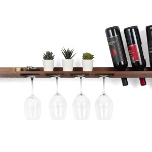 Rustic State Molise Wall Mount Wood Floating Wine Rack Stemware Holder Glassware Shelf Cork Storage Organizer for 3 Bottles and 4 Glasses - Home, Kitchen, Dining Room Bar Décor - Walnut