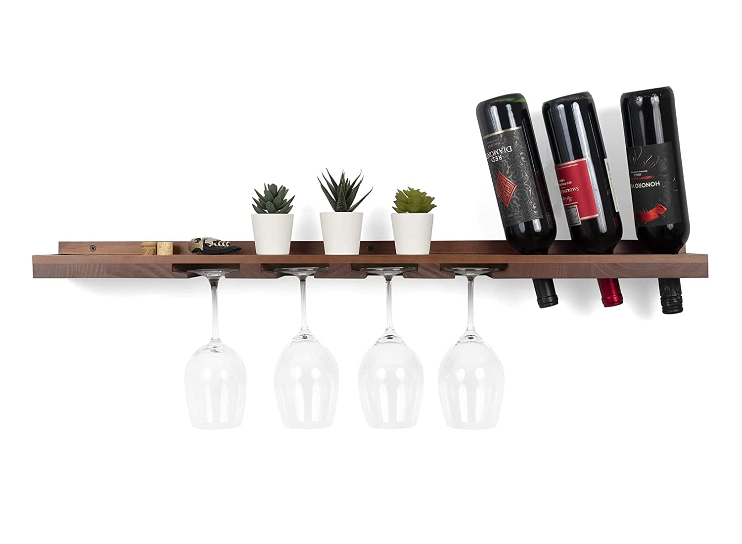 Rustic State Molise Wall Mount Wood Floating Wine Rack Stemware Holder Glassware Shelf Cork Storage Organizer for 3 Bottles and 4 Glasses - Home, Kitchen, Dining Room Bar Décor - Walnut