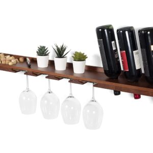 Rustic State Molise Wall Mount Wood Floating Wine Rack Stemware Holder Glassware Shelf Cork Storage Organizer for 3 Bottles and 4 Glasses - Home, Kitchen, Dining Room Bar Décor - Walnut