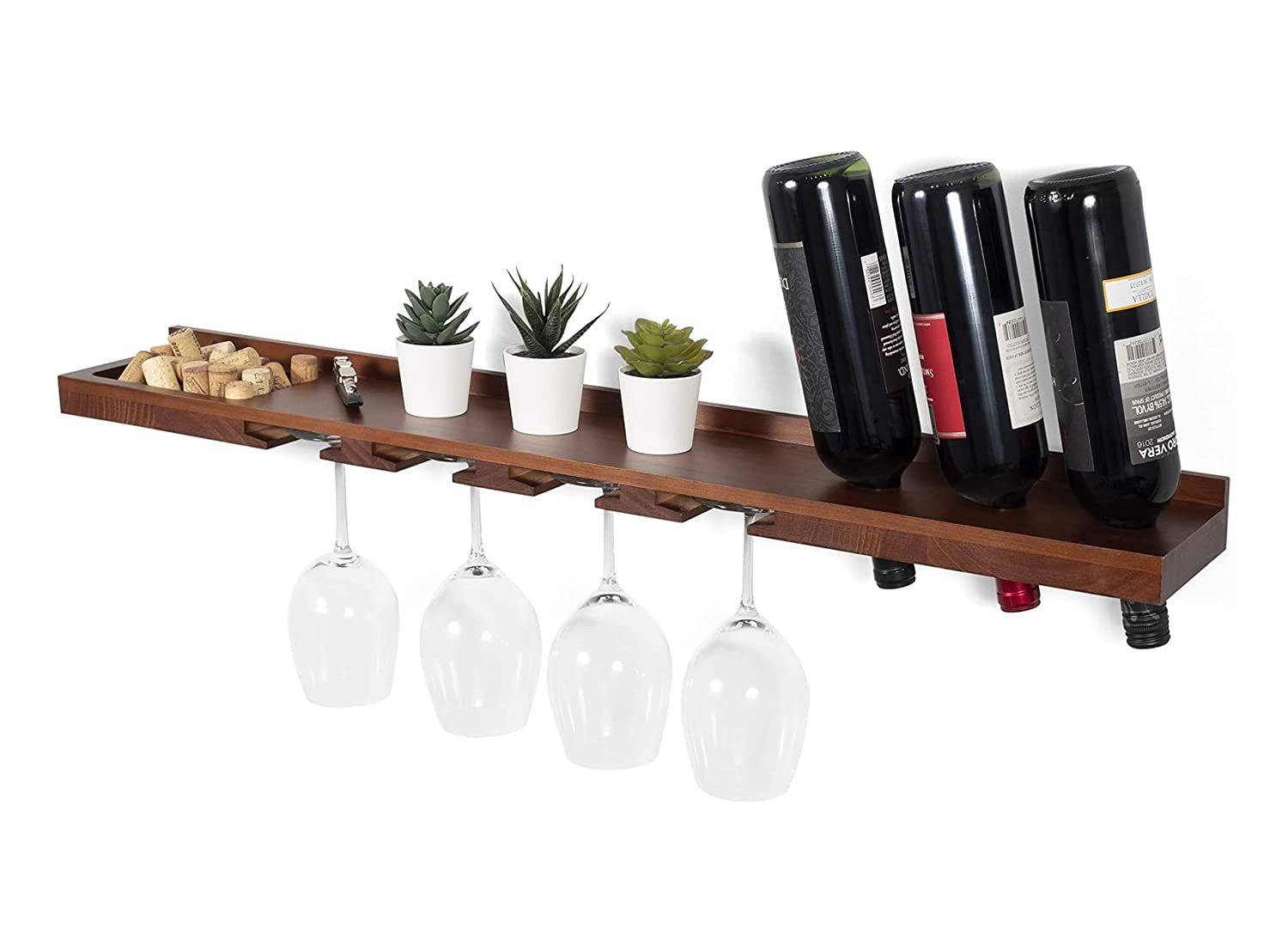 Rustic State Molise Wall Mount Wood Floating Wine Rack Stemware Holder Glassware Shelf Cork Storage Organizer for 3 Bottles and 4 Glasses - Home, Kitchen, Dining Room Bar Décor - Walnut