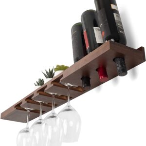 Rustic State Molise Wall Mount Wood Floating Wine Rack Stemware Holder Glassware Shelf Cork Storage Organizer for 3 Bottles and 4 Glasses - Home, Kitchen, Dining Room Bar Décor - Walnut