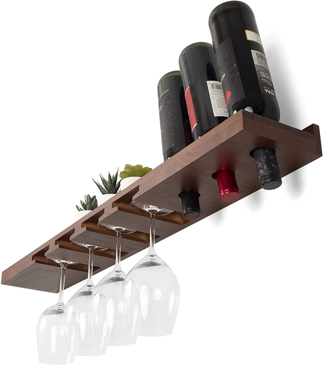 Rustic State Molise Wall Mount Wood Floating Wine Rack Stemware Holder Glassware Shelf Cork Storage Organizer for 3 Bottles and 4 Glasses - Home, Kitchen, Dining Room Bar Décor - Walnut