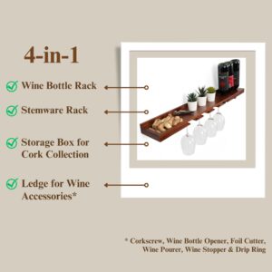 Rustic State Molise Wall Mount Wood Floating Wine Rack Stemware Holder Glassware Shelf Cork Storage Organizer for 3 Bottles and 4 Glasses - Home, Kitchen, Dining Room Bar Décor - Walnut