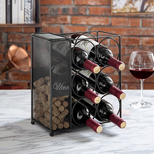 MyGift 6-Bottle Wire Wine Rack, Countertop Black Metal Wine Bottle Holder with Mesh Cork Catcher Basket & Chalkboard Labels