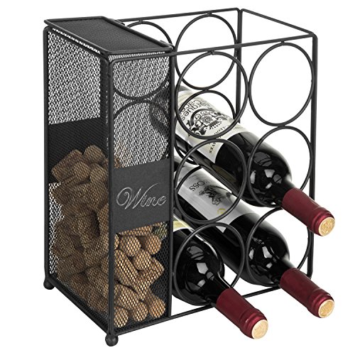 MyGift 6-Bottle Wire Wine Rack, Countertop Black Metal Wine Bottle Holder with Mesh Cork Catcher Basket & Chalkboard Labels