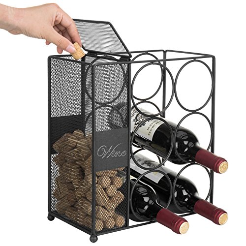 MyGift 6-Bottle Wire Wine Rack, Countertop Black Metal Wine Bottle Holder with Mesh Cork Catcher Basket & Chalkboard Labels