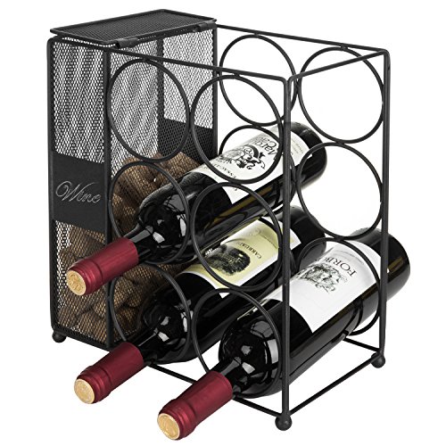 MyGift 6-Bottle Wire Wine Rack, Countertop Black Metal Wine Bottle Holder with Mesh Cork Catcher Basket & Chalkboard Labels