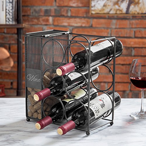 MyGift 6-Bottle Wire Wine Rack, Countertop Black Metal Wine Bottle Holder with Mesh Cork Catcher Basket & Chalkboard Labels