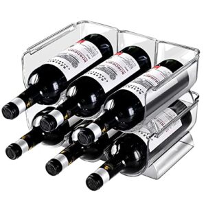 lunmore red wine organizer, plastic stackable wine bottle holders, wine and drink organizer shelf for kitchen countertop, cabinet, fridge, transparent - holds 3 bottles - 2 pack