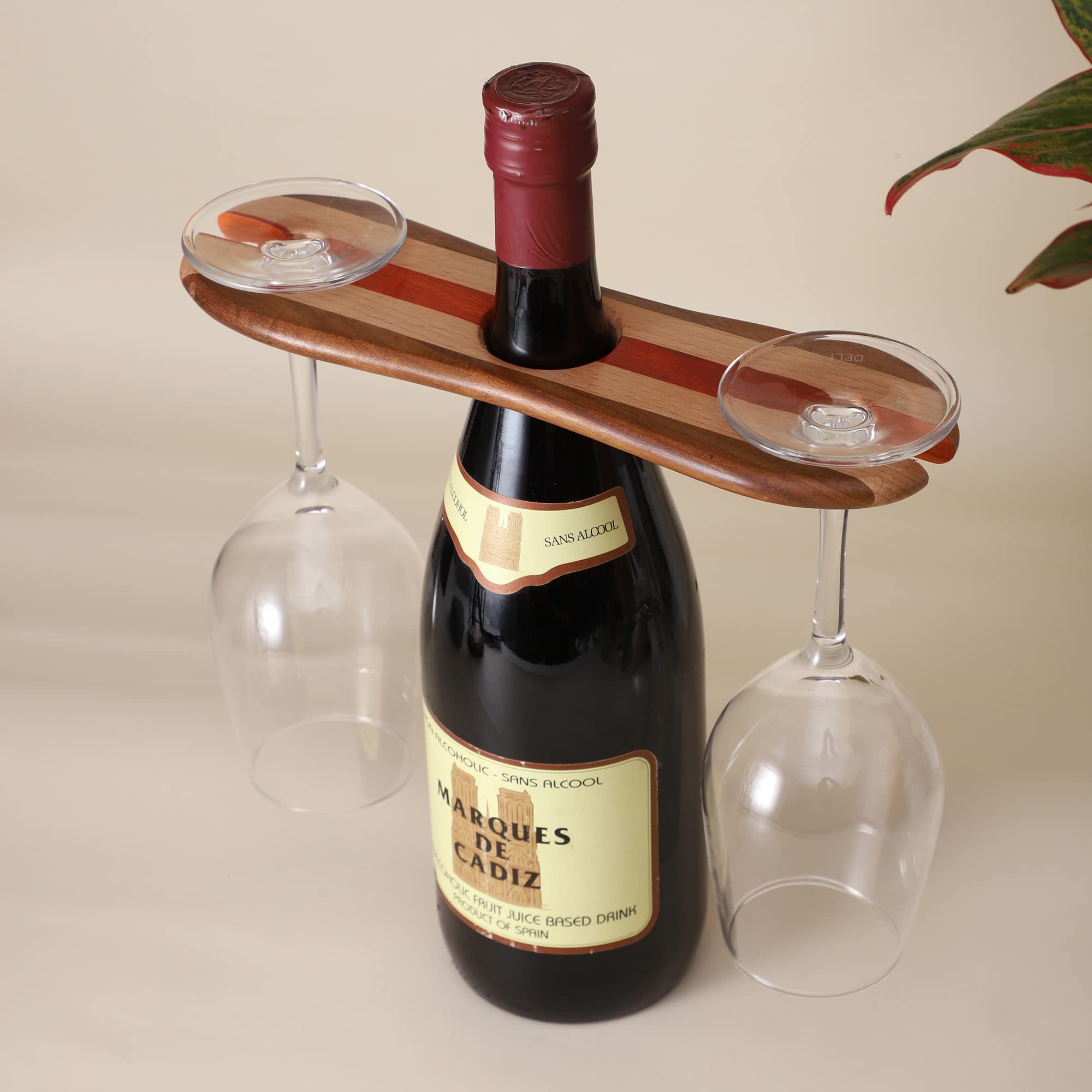 Frescorr - Wine Bottle & Glass Holder - Handmade Wooden Counter Stand for Wine for Two Glasses & Bottle (Straight)