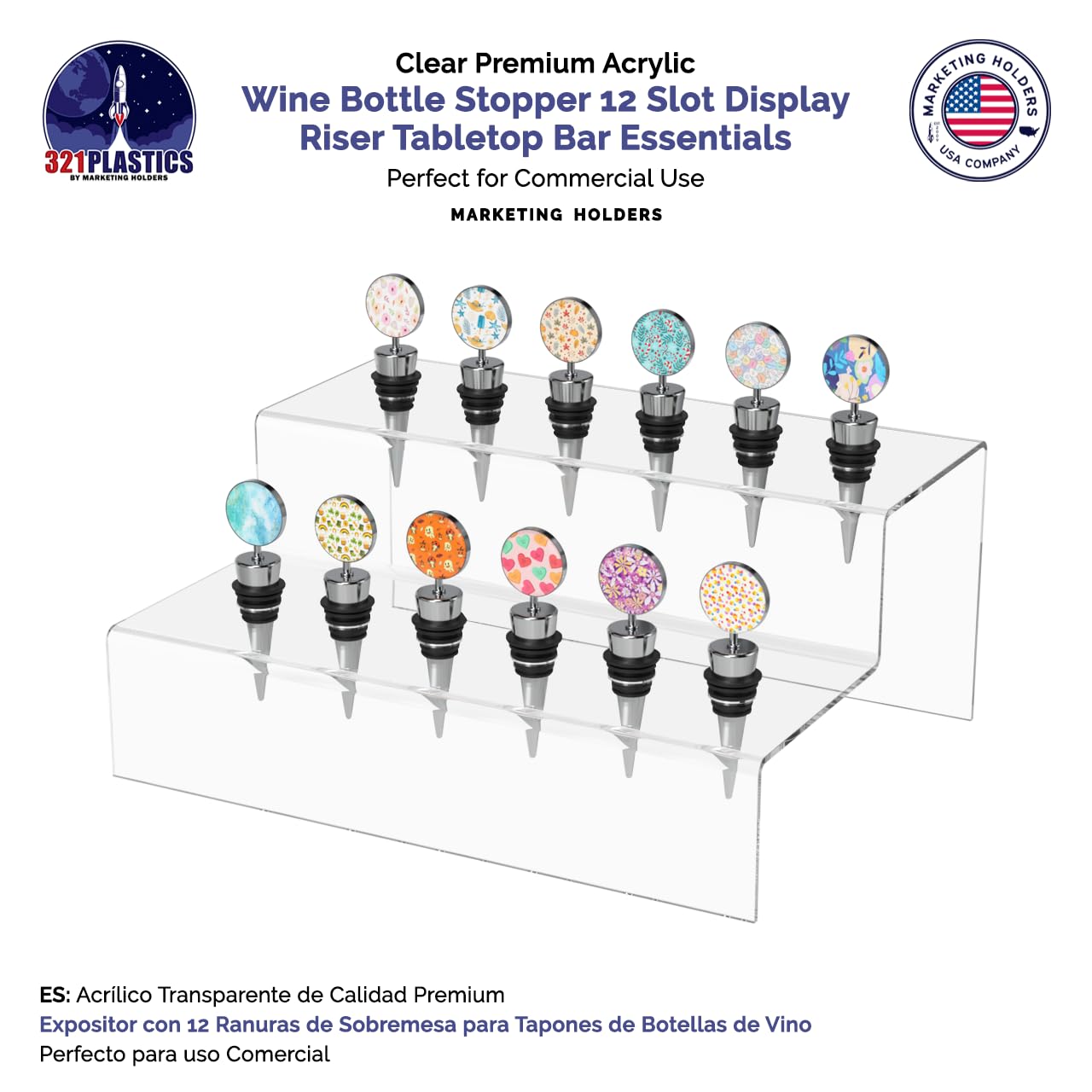 Marketing Holders Wine Stopper Wine Bottle Topper Liquor Pourer Display Stand 12 Slot Rack .75 Inch Wide Holes Clear Acrylic 2 Tier Riser 11.75 Inch Wide by 4.75 Inch Deep Retail Counter Showcase