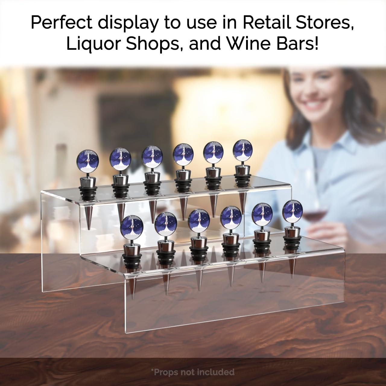 Marketing Holders Wine Stopper Wine Bottle Topper Liquor Pourer Display Stand 12 Slot Rack .75 Inch Wide Holes Clear Acrylic 2 Tier Riser 11.75 Inch Wide by 4.75 Inch Deep Retail Counter Showcase