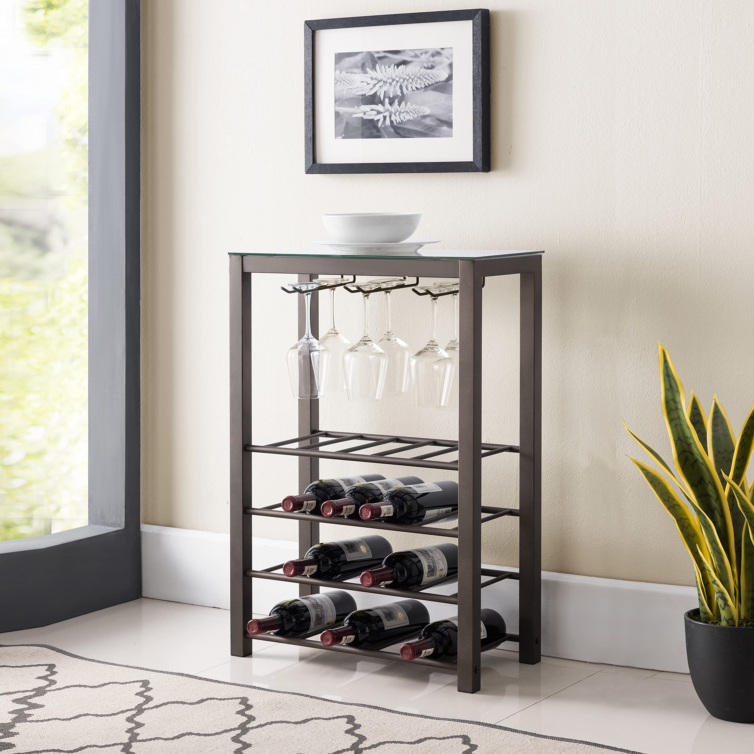 Kings Brand Furniture – Freestanding Floor Wine Rack Storage Table - Hold 20 Bottles with Glasses Holder