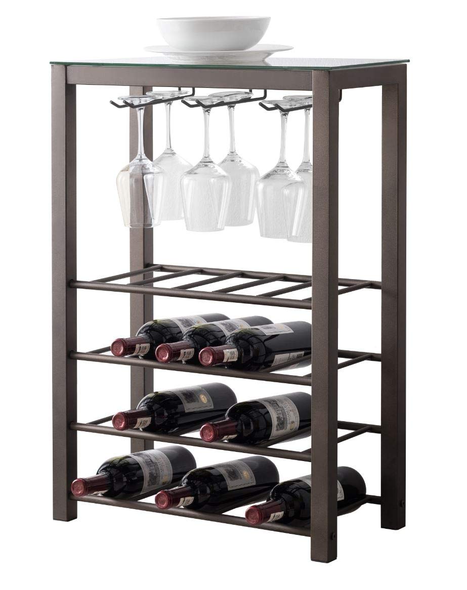 Kings Brand Furniture – Freestanding Floor Wine Rack Storage Table - Hold 20 Bottles with Glasses Holder