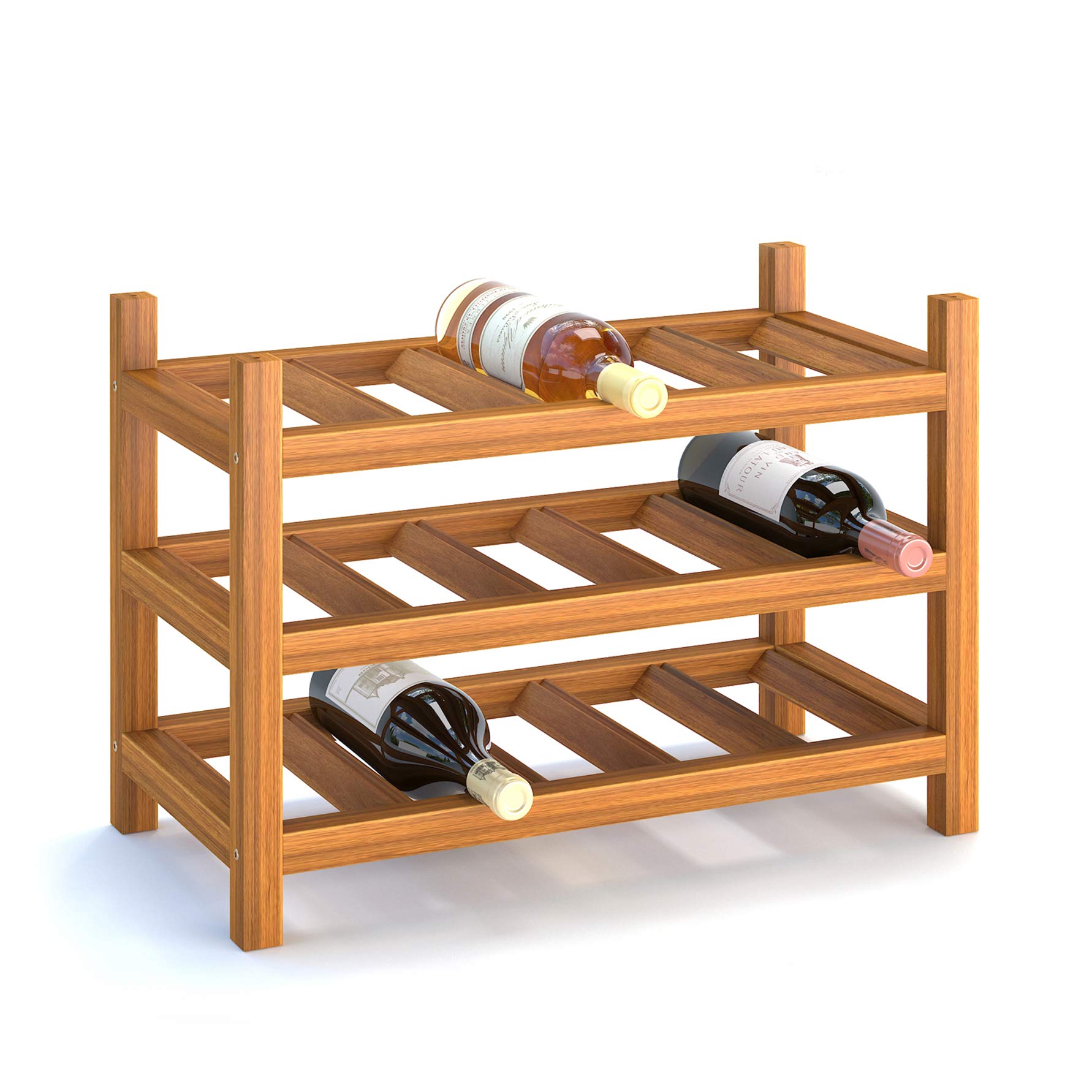 INTERBUILD Solid Hardwood Wine Rack Storage Shelf 3-Tier Stackable Freestanding Wine Bottle Holder 15 Bottles, Golden Teak