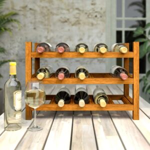 INTERBUILD Solid Hardwood Wine Rack Storage Shelf 3-Tier Stackable Freestanding Wine Bottle Holder 15 Bottles, Golden Teak