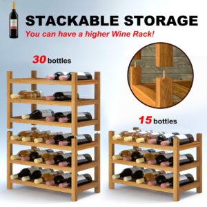 INTERBUILD Solid Hardwood Wine Rack Storage Shelf 3-Tier Stackable Freestanding Wine Bottle Holder 15 Bottles, Golden Teak