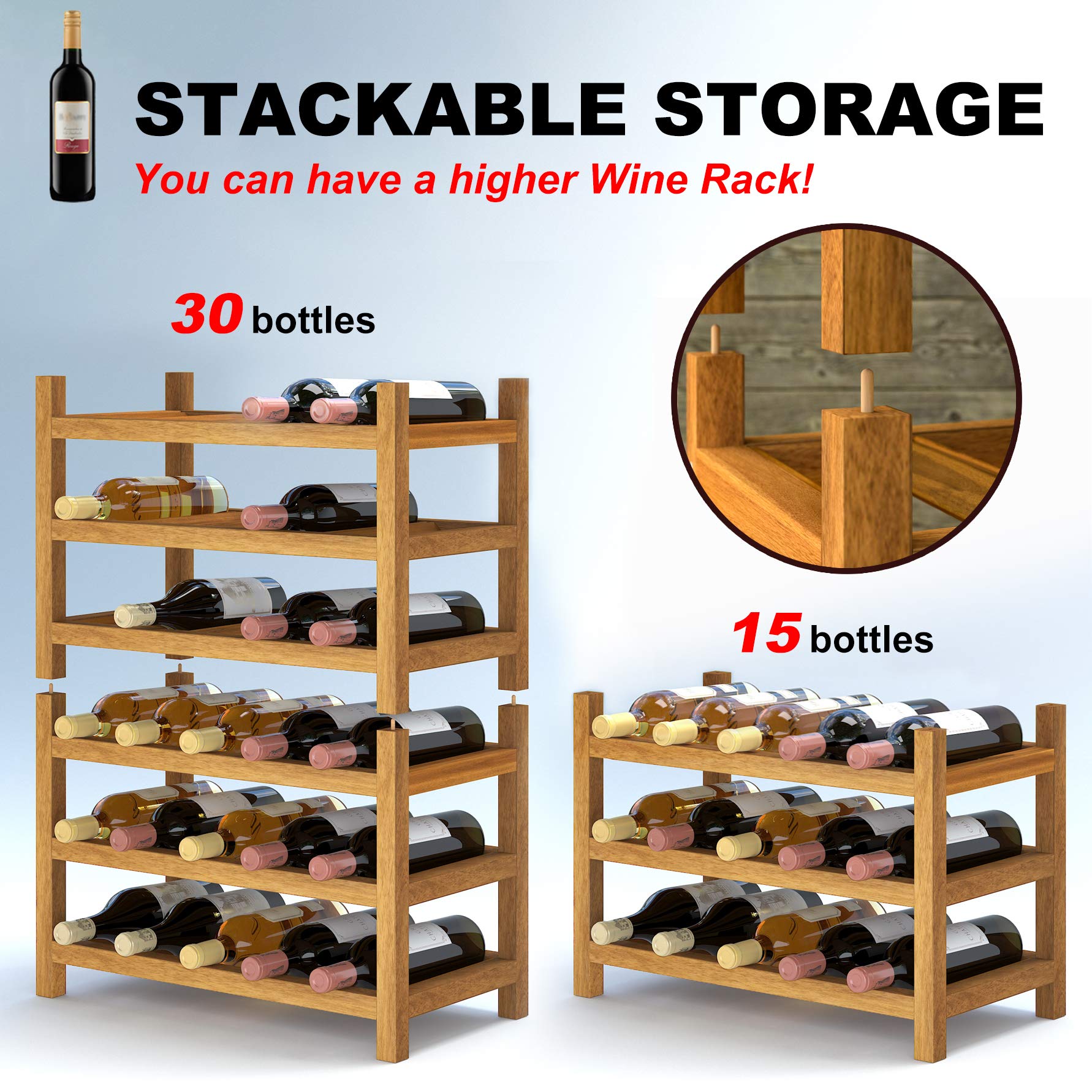 INTERBUILD Solid Hardwood Wine Rack Storage Shelf 3-Tier Stackable Freestanding Wine Bottle Holder 15 Bottles, Golden Teak