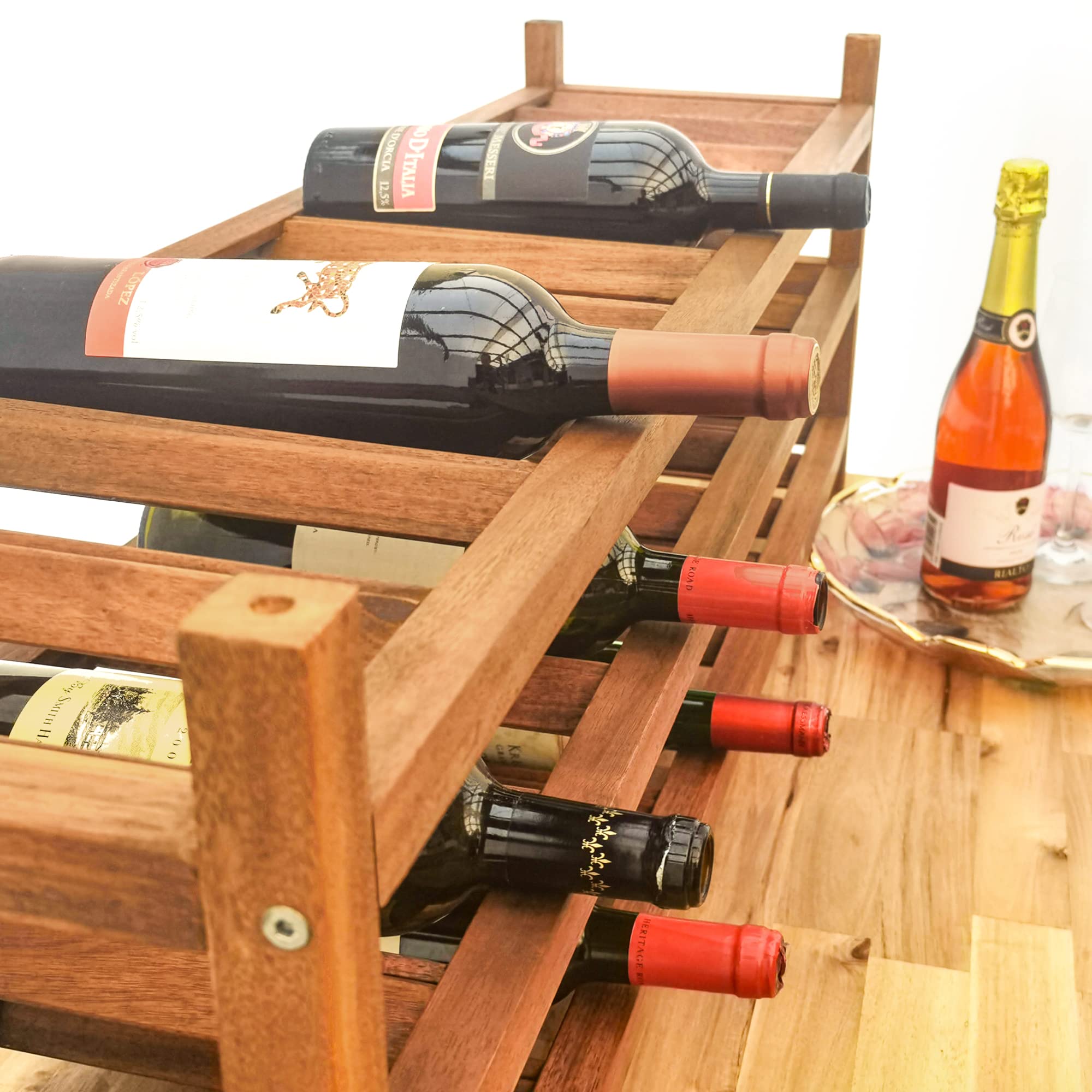 INTERBUILD Solid Hardwood Wine Rack Storage Shelf 3-Tier Stackable Freestanding Wine Bottle Holder 15 Bottles, Golden Teak