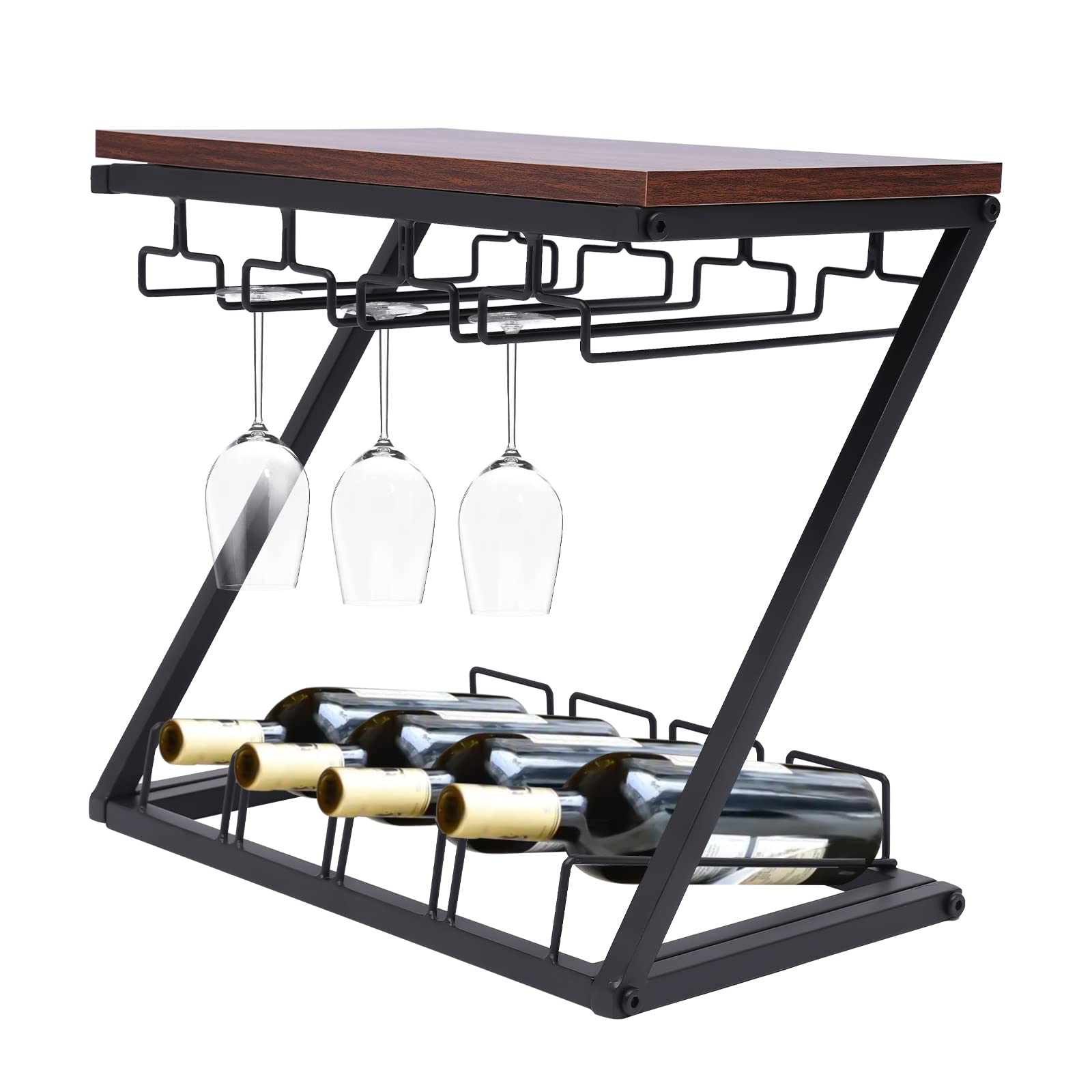 CNCEST Z Shaped Tabletop Wine Rack with Glass Holder, Countertop Wine Rack Holder Wine Bottle Holder Wine Display Storage Stand with Tray for Kitchen, Office, Bar, Hold 4 Wine Bottles & 8-12 Glasses