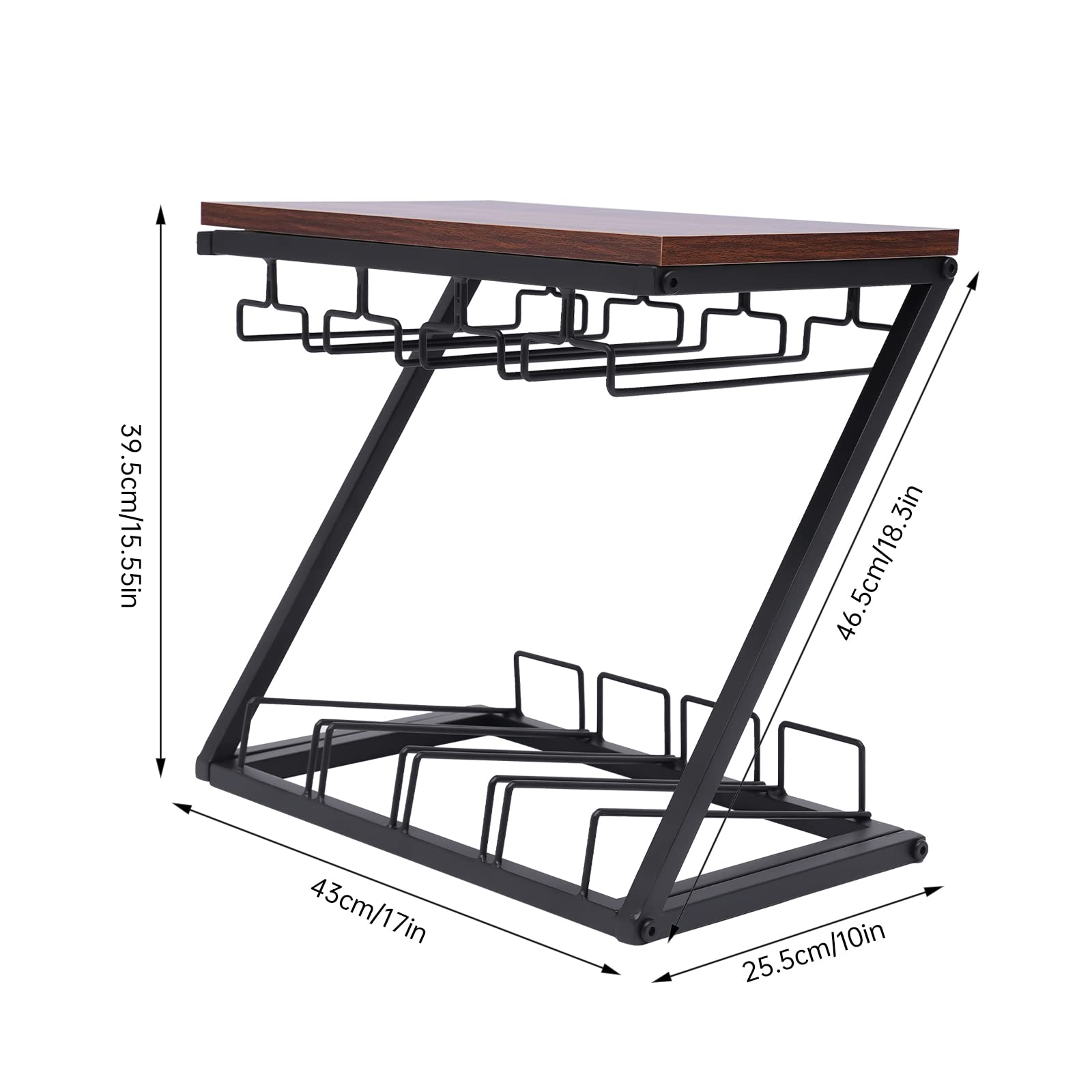 CNCEST Z Shaped Tabletop Wine Rack with Glass Holder, Countertop Wine Rack Holder Wine Bottle Holder Wine Display Storage Stand with Tray for Kitchen, Office, Bar, Hold 4 Wine Bottles & 8-12 Glasses