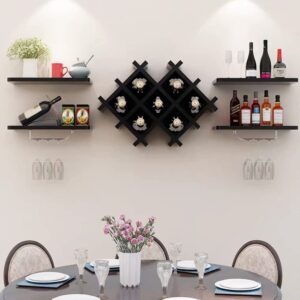 Set of 5 Wall Mounted Wooden Wine Rack Storage Shelf Wine Rack Set with and Glass Holder Multifunctional Wall Hanging Wine Rack for Home Decoration(Style1-Black)