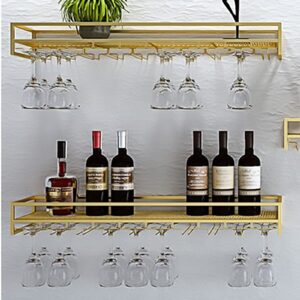 Caijj Industrial Wall Mounted Wine Rack Bottles Holder 10 Wine Cups Hanging Wine Storage Rack Floating Storage Metal Mesh Fence Shelves For Home Kitchen Bar Pantry,Gold