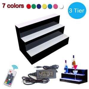 NICCOO 3 Step Liquor Bottle Display Shelf 24 INCH LED Lighted Bar Shelf for Home Commercial Bar, with Remote Control Multiple Colors, Black, 24 inch 3 Step