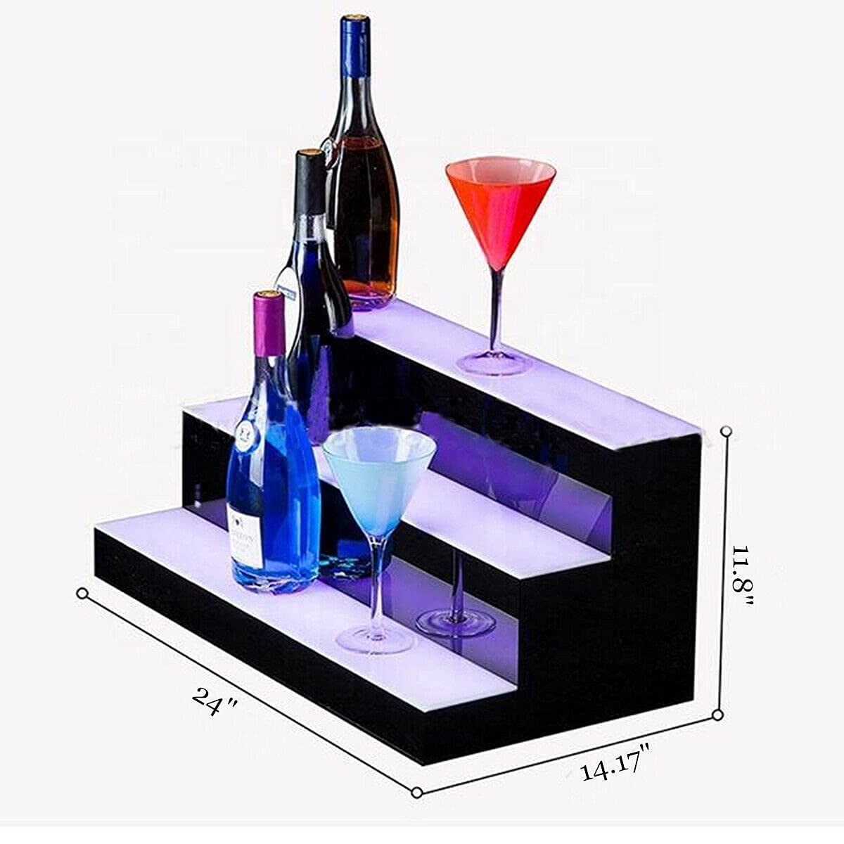 NICCOO 3 Step Liquor Bottle Display Shelf 24 INCH LED Lighted Bar Shelf for Home Commercial Bar, with Remote Control Multiple Colors, Black, 24 inch 3 Step