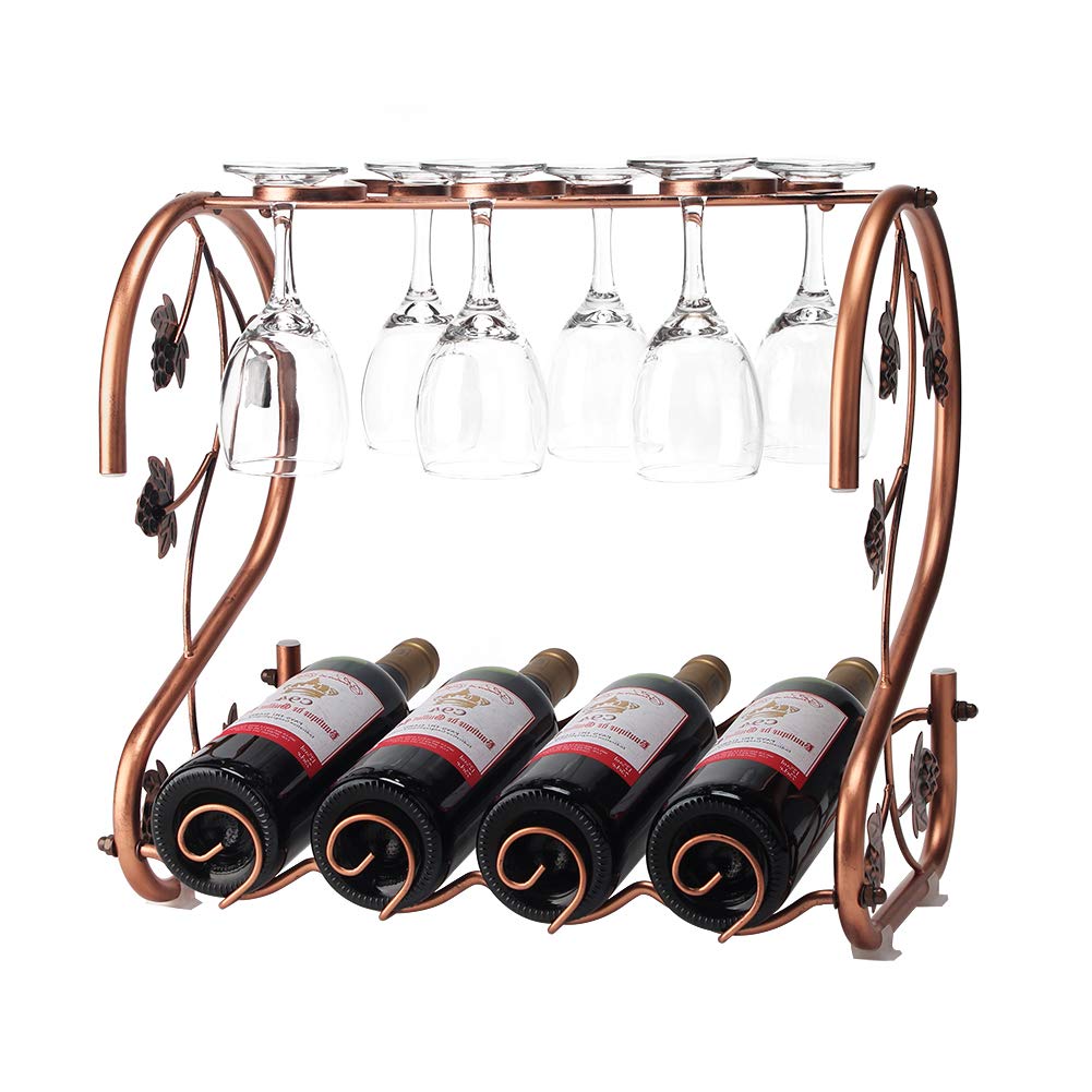 DreamiDeco Wine Rack with Glass Holderd,Freestanding Countertop Metal Wine Rack Wine Glass Holder Water Bottle Organizer Display Storage Home Kitchen Decor Holds 4 Wine Bottles and 6 Stemwares