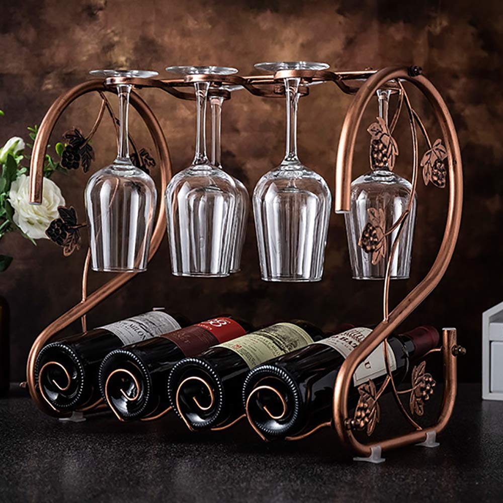 DreamiDeco Wine Rack with Glass Holderd,Freestanding Countertop Metal Wine Rack Wine Glass Holder Water Bottle Organizer Display Storage Home Kitchen Decor Holds 4 Wine Bottles and 6 Stemwares