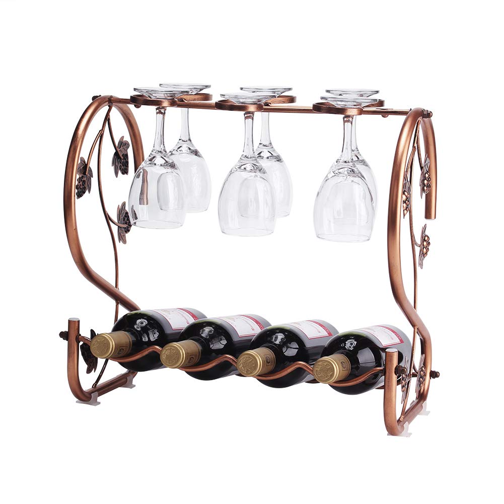 DreamiDeco Wine Rack with Glass Holderd,Freestanding Countertop Metal Wine Rack Wine Glass Holder Water Bottle Organizer Display Storage Home Kitchen Decor Holds 4 Wine Bottles and 6 Stemwares