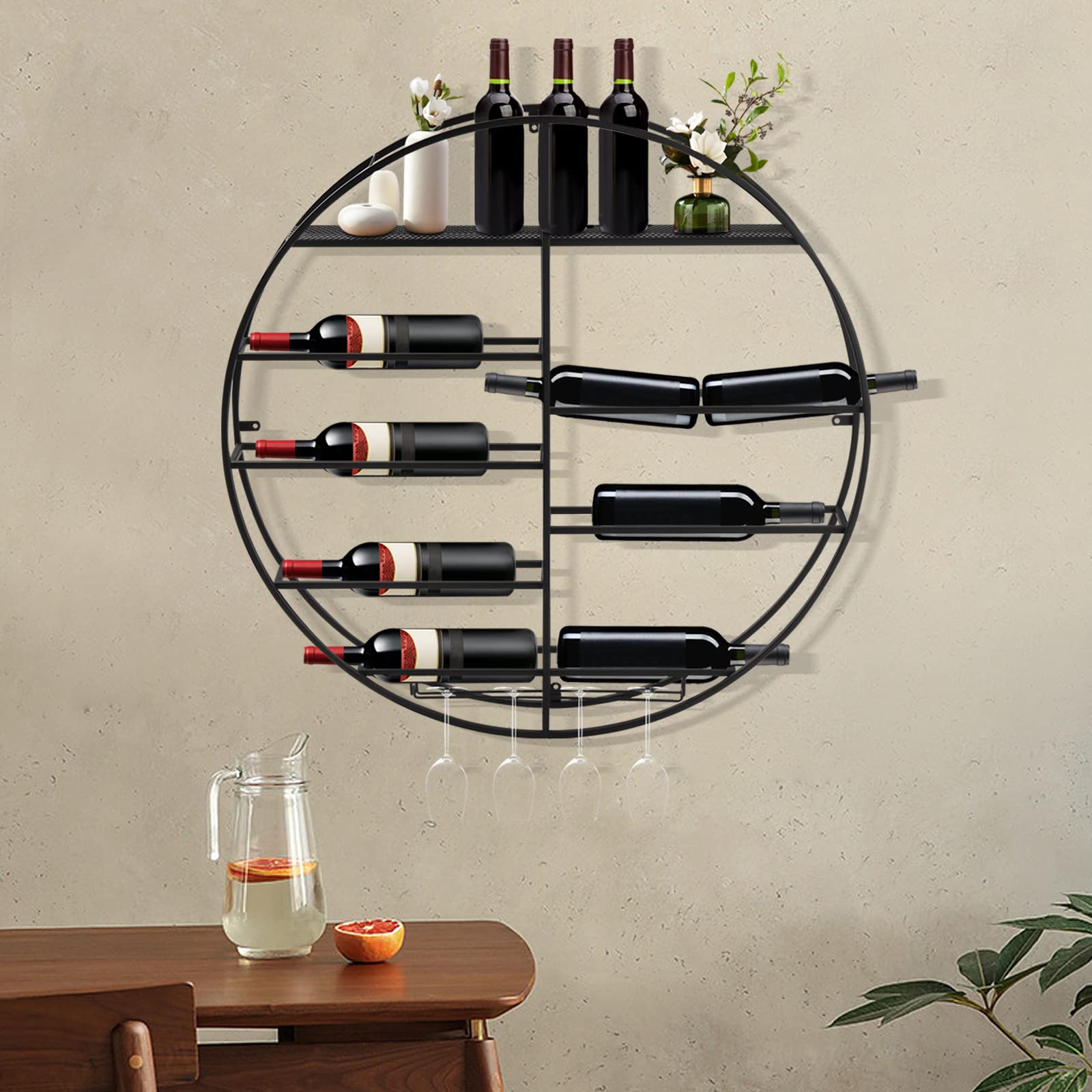 Wall Mounted Wine Rack, 12 Bottles 7-Tier Round Wine Glass Rack, 35.43in Hanging Wine Liquor Shelves Display Rack With Holder Storage, Wine Rack For Kitchens, Living Rooms, Cellars, Cabinets (Black)