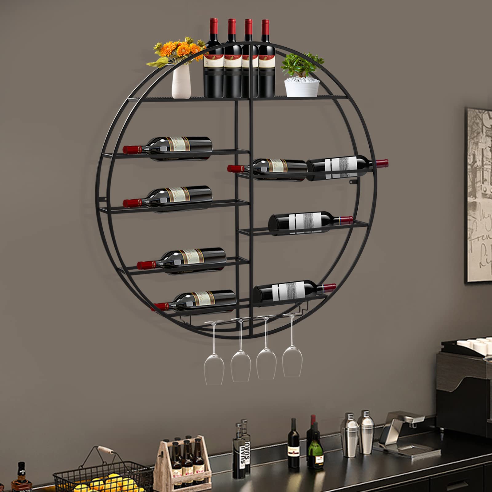 Wall Mounted Wine Rack, 12 Bottles 7-Tier Round Wine Glass Rack, 35.43in Hanging Wine Liquor Shelves Display Rack With Holder Storage, Wine Rack For Kitchens, Living Rooms, Cellars, Cabinets (Black)