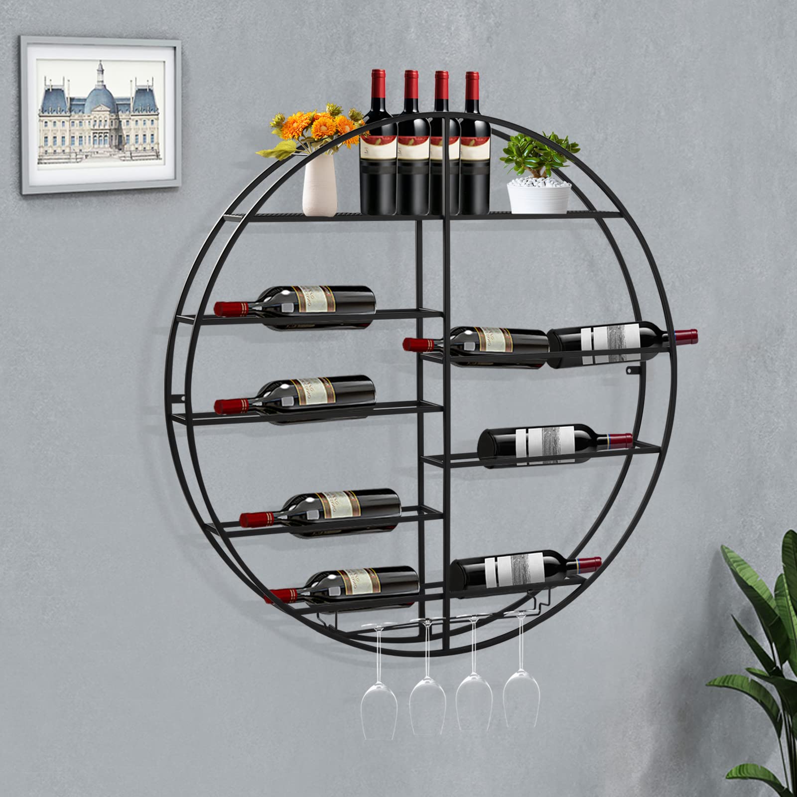 Wall Mounted Wine Rack, 12 Bottles 7-Tier Round Wine Glass Rack, 35.43in Hanging Wine Liquor Shelves Display Rack With Holder Storage, Wine Rack For Kitchens, Living Rooms, Cellars, Cabinets (Black)