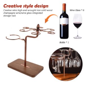 Cabilock Countertop Wine Glass Rack Holder for 6 Wine Cups and 1pc Bottle Tabletop Wooden Wine Bottle Holder Wine Glasses Storage Stand for Home Kitchen Bar Wine Cellar Red