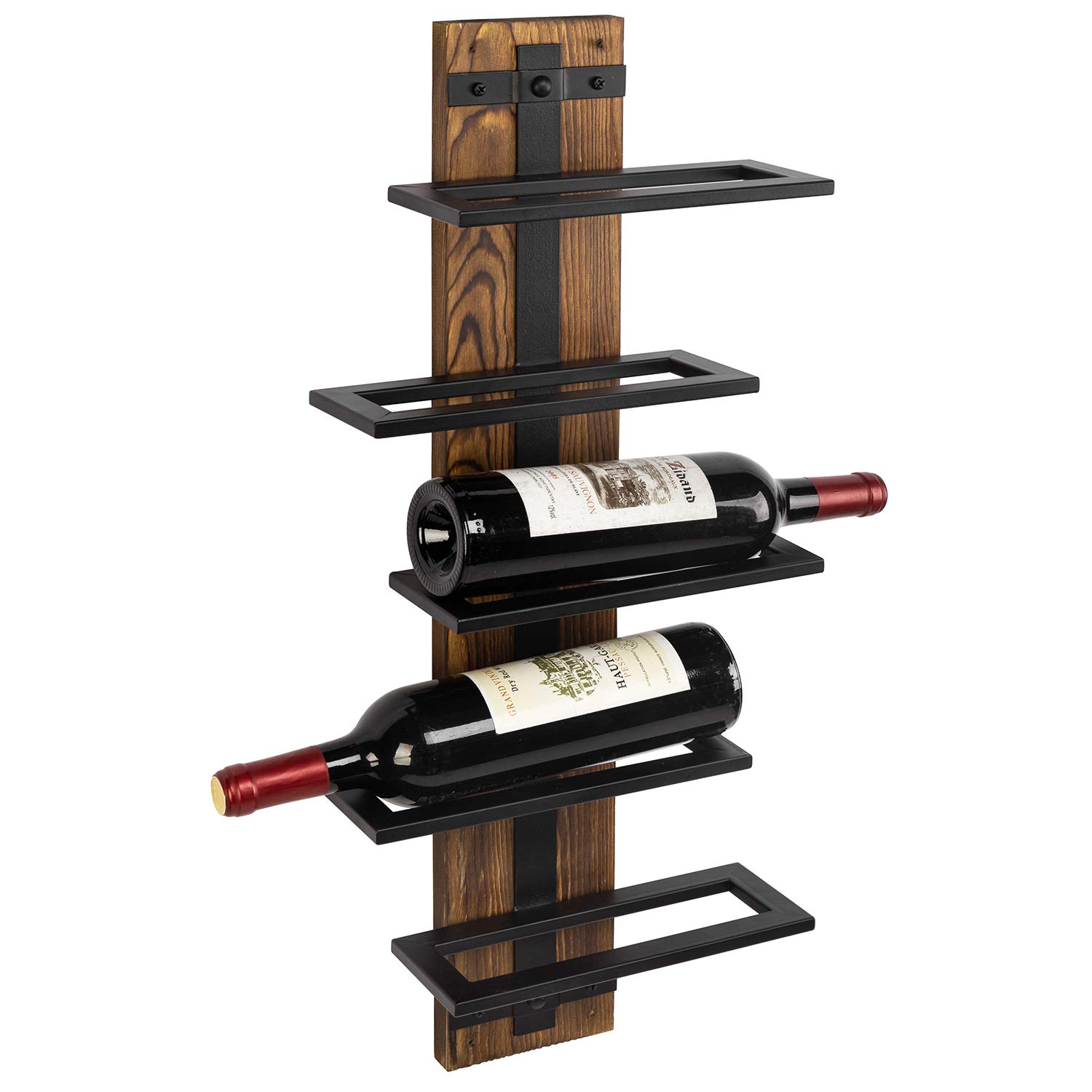 MyGift 5 Tier Rustic Burnt Wood & Industrial Black Metal Wall Mounted Wine Rack Bottle Display Storage Shelf Decorative Organizer