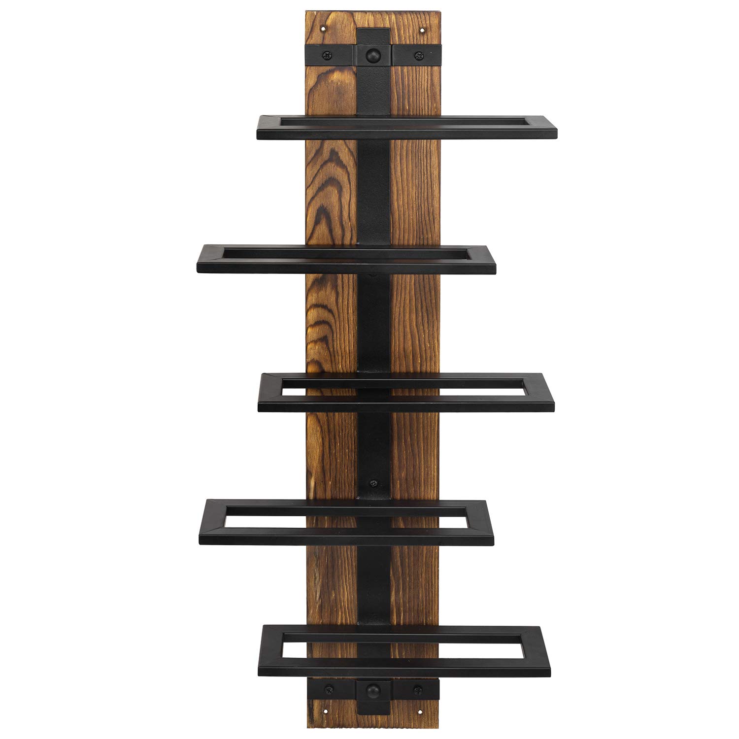 MyGift 5 Tier Rustic Burnt Wood & Industrial Black Metal Wall Mounted Wine Rack Bottle Display Storage Shelf Decorative Organizer