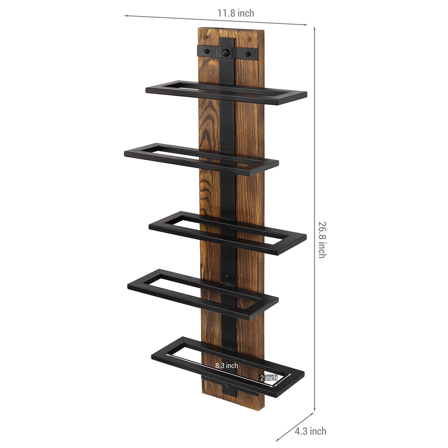 MyGift 5 Tier Rustic Burnt Wood & Industrial Black Metal Wall Mounted Wine Rack Bottle Display Storage Shelf Decorative Organizer