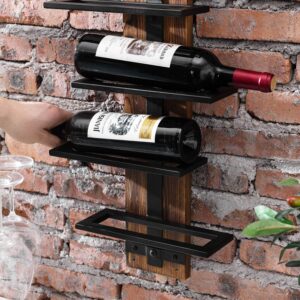 MyGift 5 Tier Rustic Burnt Wood & Industrial Black Metal Wall Mounted Wine Rack Bottle Display Storage Shelf Decorative Organizer