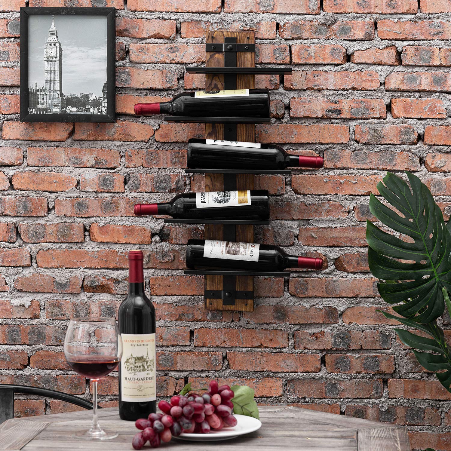 MyGift 5 Tier Rustic Burnt Wood & Industrial Black Metal Wall Mounted Wine Rack Bottle Display Storage Shelf Decorative Organizer