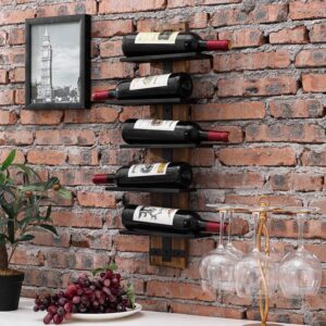 MyGift 5 Tier Rustic Burnt Wood & Industrial Black Metal Wall Mounted Wine Rack Bottle Display Storage Shelf Decorative Organizer