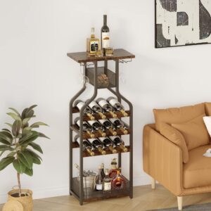 amyove metal wine rack wine bottle holders stands freestanding floor,wine storage organizer display rack table wine glass rack for bar kitchen dining living room, small spaces,rustic brown